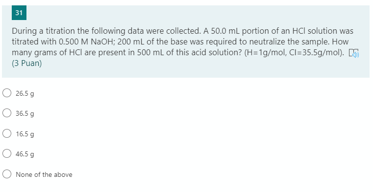 Solved 31 During a titration the following data were | Chegg.com