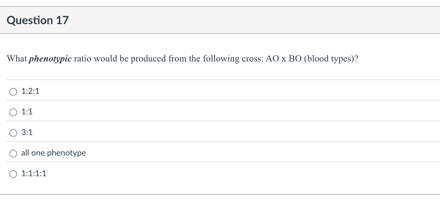 Solved Question 17What phenotypic ratio would be produced | Chegg.com Solved Question 17What phenotypic ratio would be produced | Chegg.com