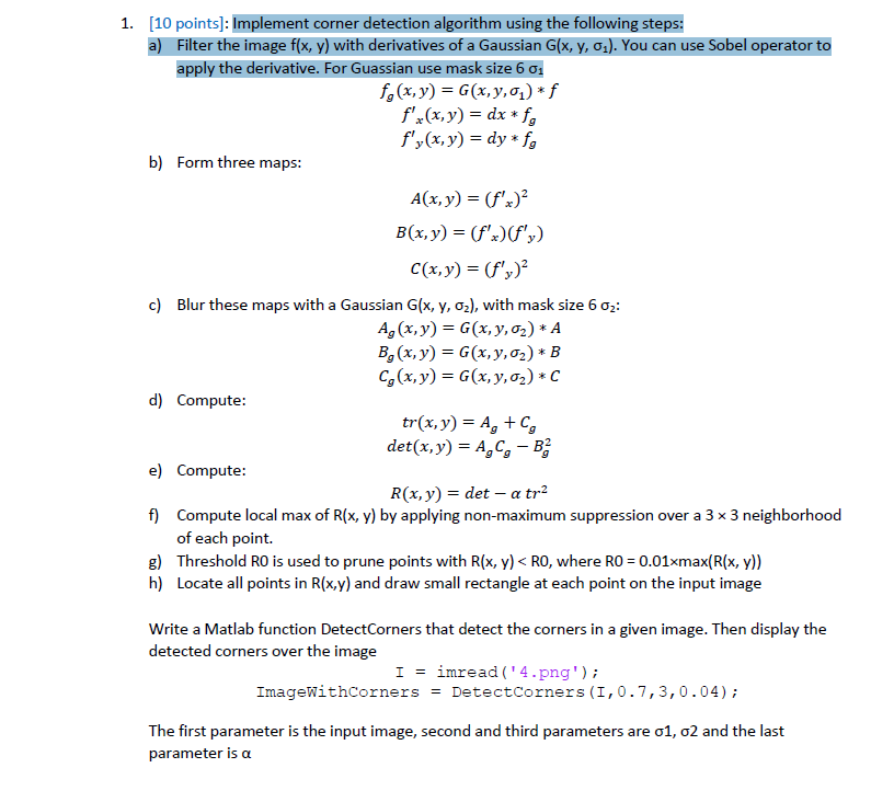 1. [10 points]: Implement corner detection algorithm | Chegg.com