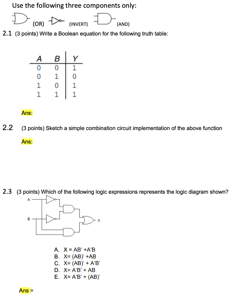 Solved 2.1 (3 points) Write a Boolean equation for the | Chegg.com