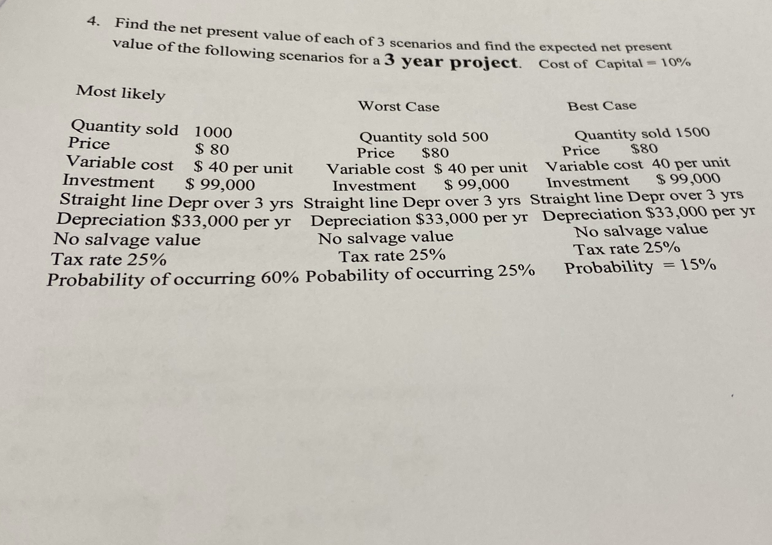 Solved 4. Find the net present value of each of 3 scenarios | Chegg.com
