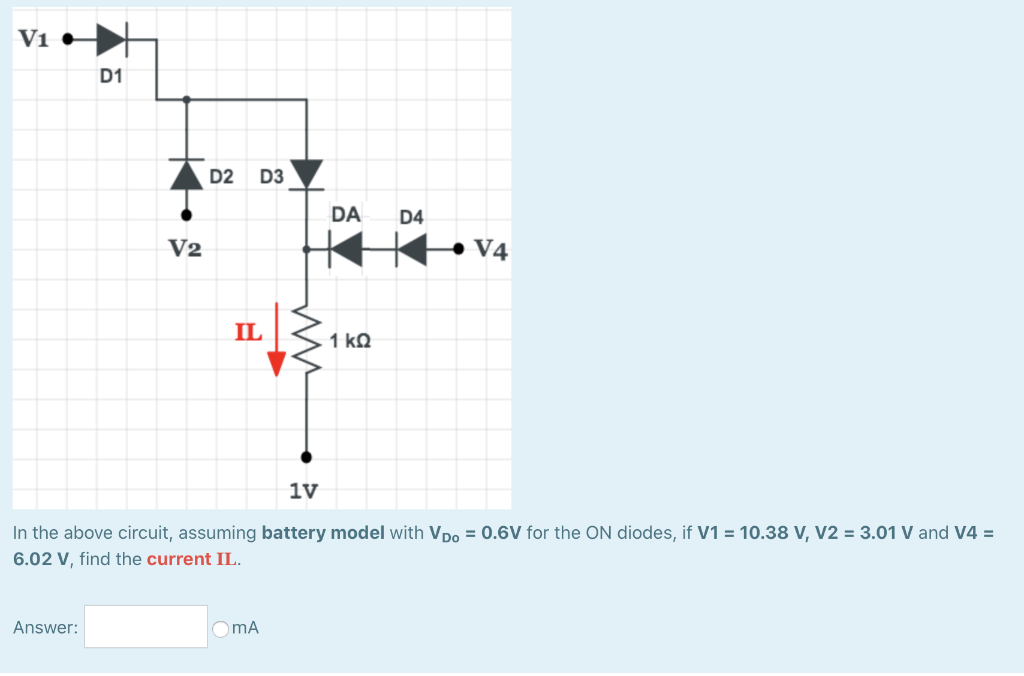 Solved V1 D1 D2 D3 DA D4 V2 V4 IL 1 ΚΩ 1v In the above | Chegg.com