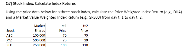 Solved Q7) Stock Index: Calculate Index Returns Using the | Chegg.com