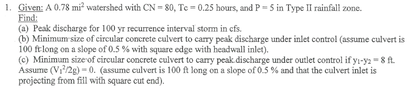 Solved 1. Given: A0.78mi2 watershed with CN=80,Tc=0.25 | Chegg.com