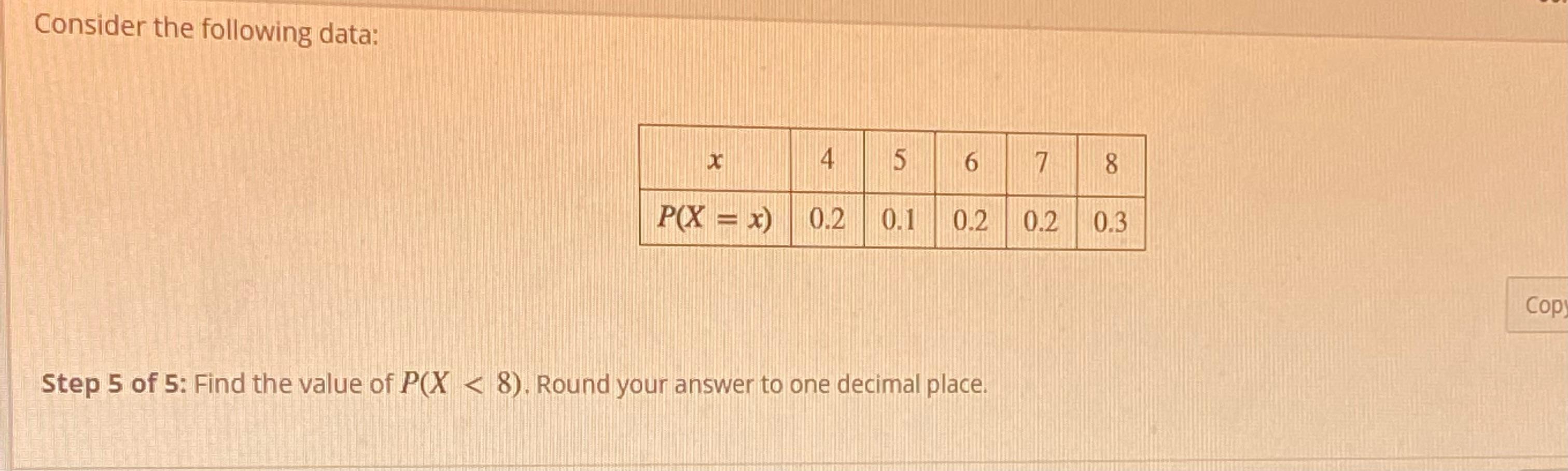 Solved Consider the following data: X 4. un 5 6. 7. 8 P(X = | Chegg.com