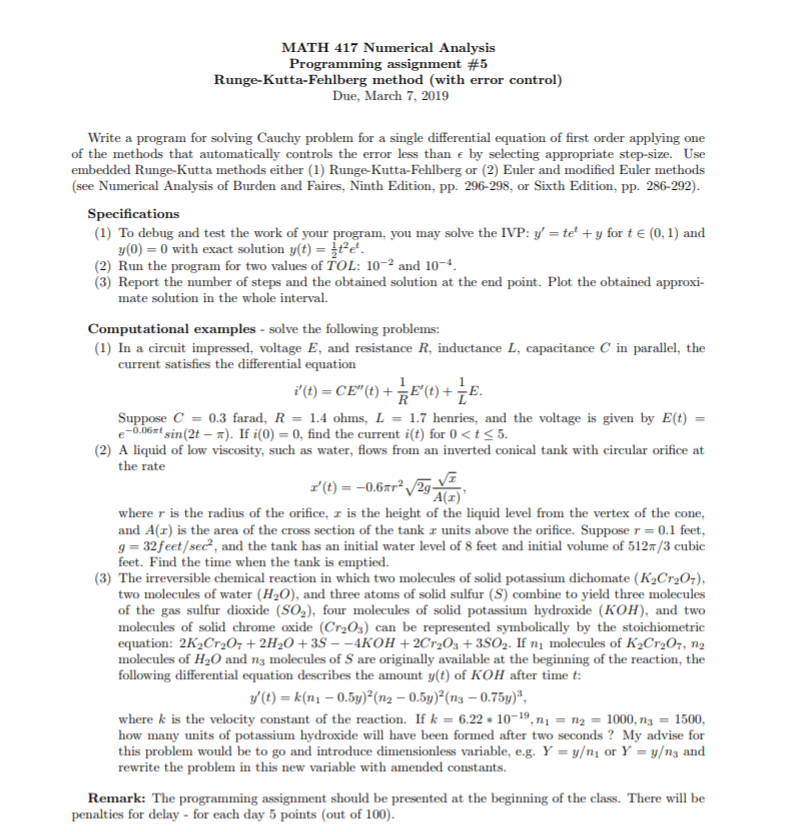 MATH 417 Numerical Analysis Programming assignment #5 | Chegg.com