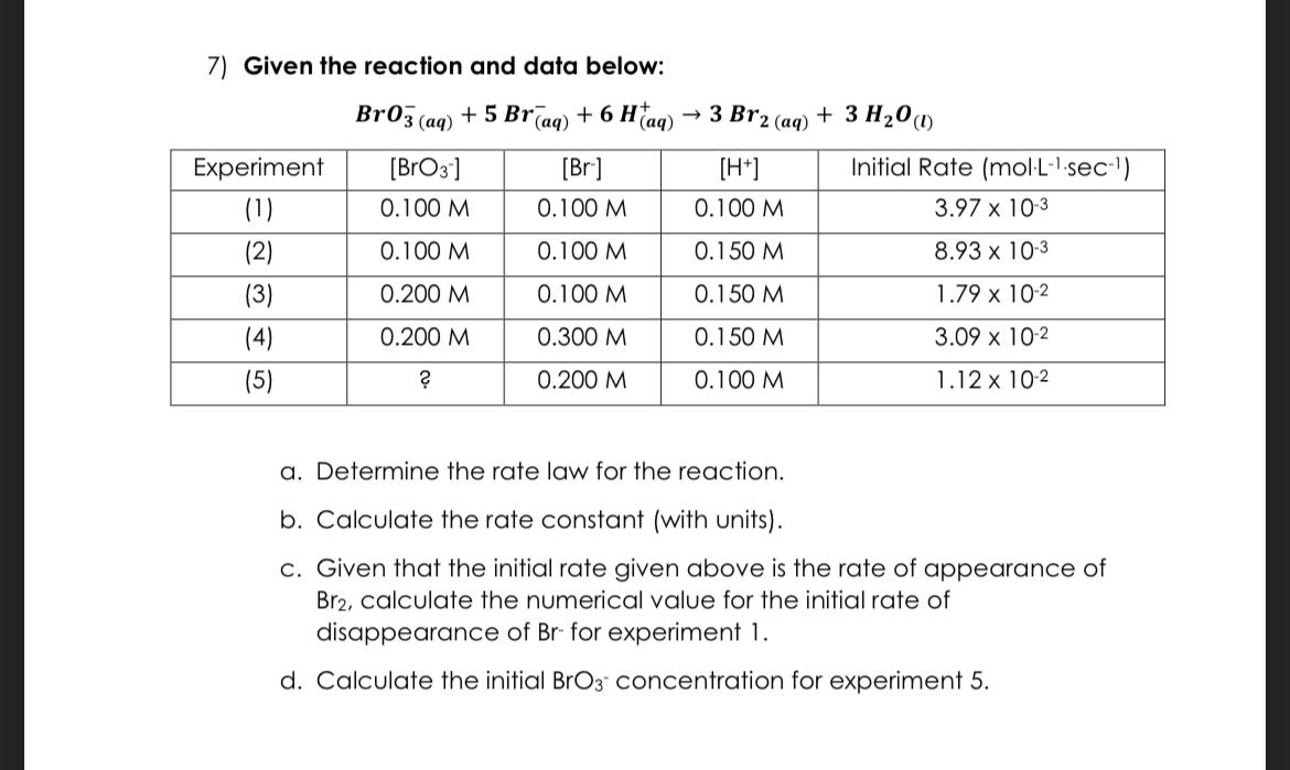 Solved 7) Given the reaction and data below: | Chegg.com