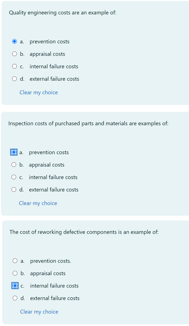 Solved Quality engineering costs are an example of: a. | Chegg.com