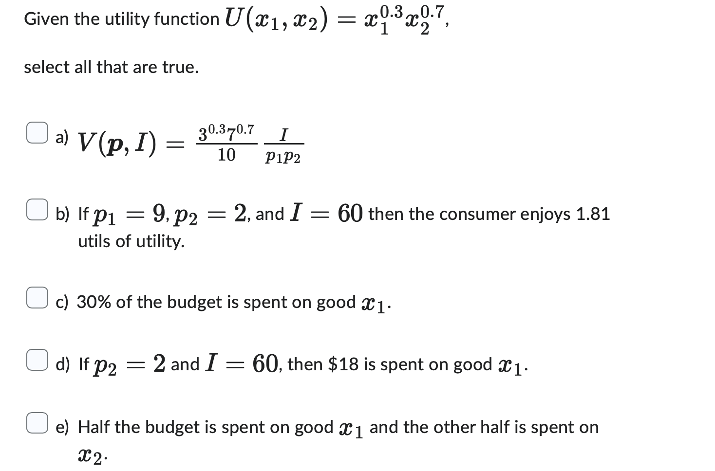 Solved Given the utility function U(x1,x2)=x10.3x20.7, | Chegg.com