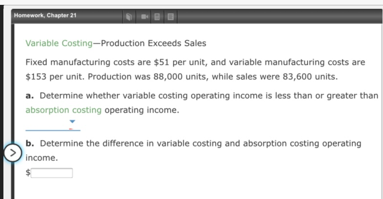 Solved Homework, Chapter 21 Variable Costing-Production | Chegg.com