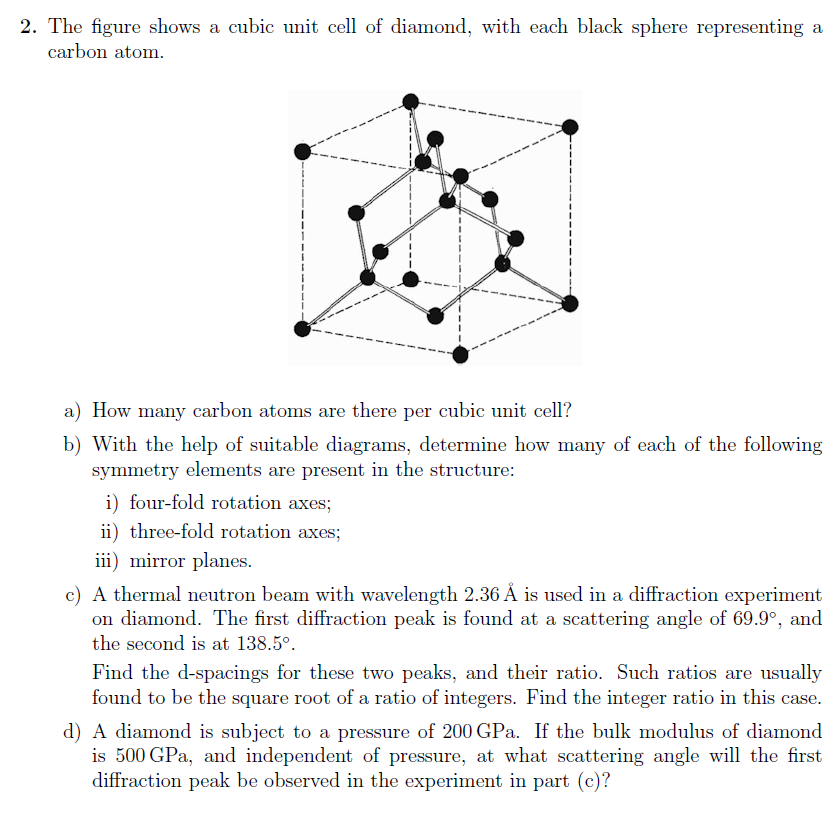 Solved 2. The figure shows a cubic unit cell of diamond, | Chegg.com
