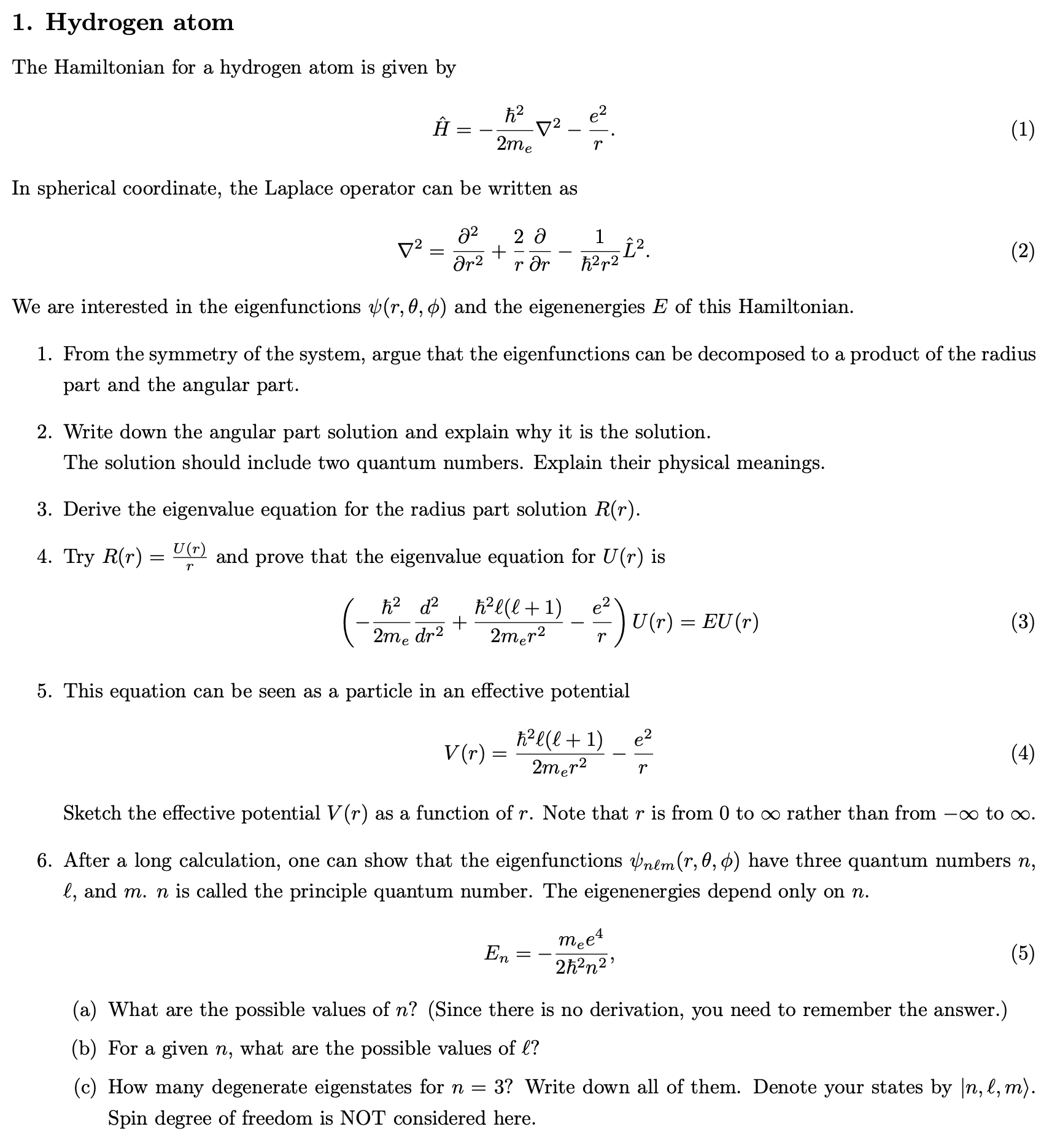 Solved 1. Hydrogen atom The Hamiltonian for a hydrogen atom | Chegg.com
