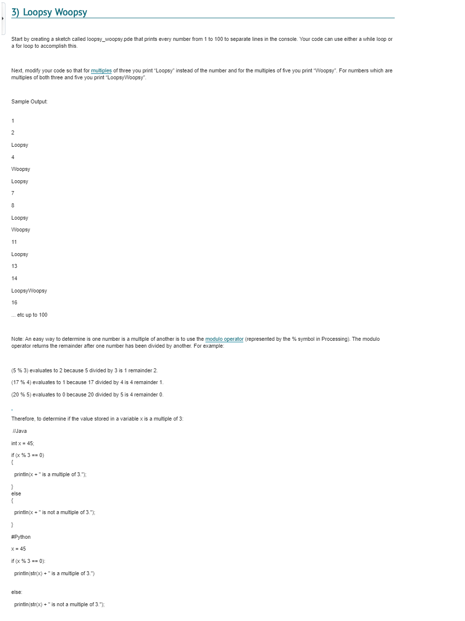 Solved 3) Loopsy Woopsy Start by creating a sketch called | Chegg.com