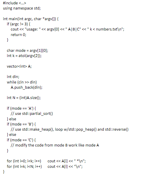 Write the code for mode A using std::partial_sort() | Chegg.com