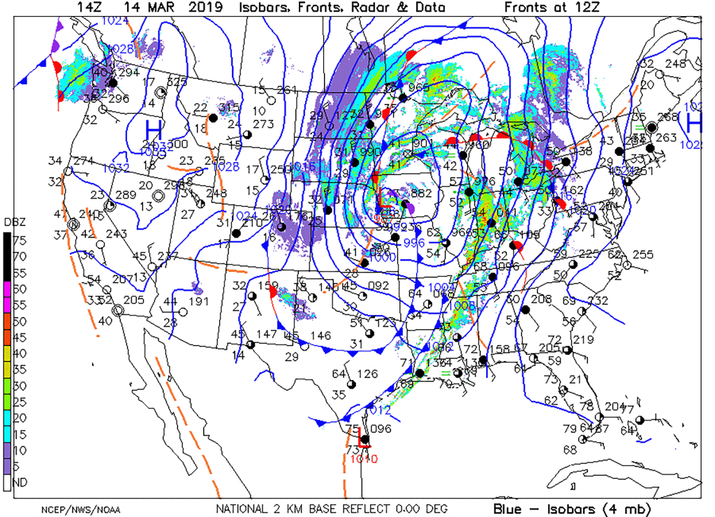 Solved 142 14 MAR 2019 1024 Isobars, Fronts, Radar & Data | Chegg.com
