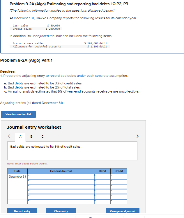Solved Problem 9-2A (Algo) Estimating and reporting bad | Chegg.com