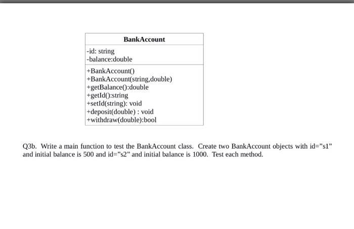 Solved Q3a. Write a BankAccount class to model a bank | Chegg.com