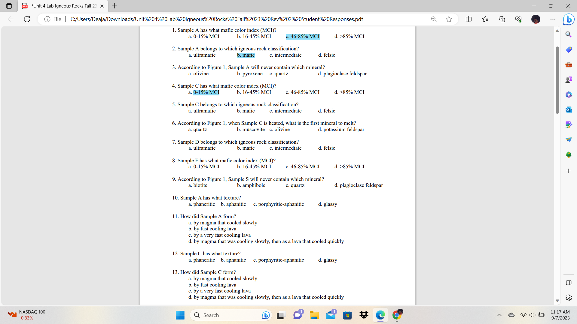 Solved 1. Sample A has what mafic color index (MCI)? a. | Chegg.com