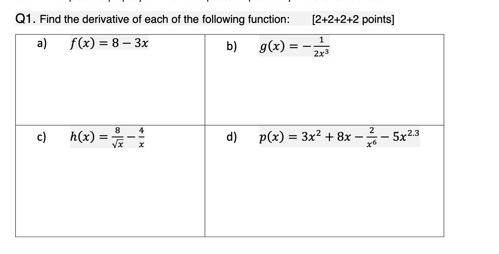 Solved Q1. Find the derivative of each of the following | Chegg.com