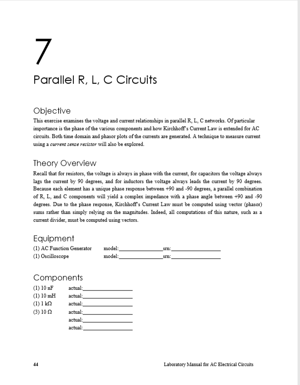 Parallel R, L, C Circuits Objective This exercise | Chegg.com Parallel R, L, C Circuits Objective This exercise | Chegg.com