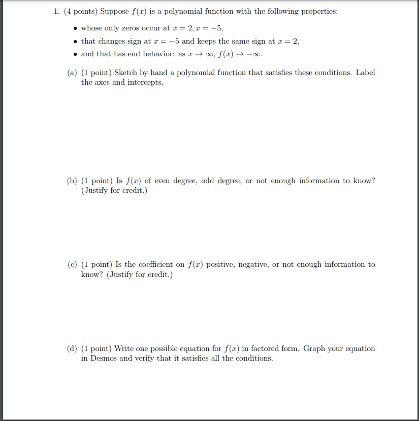 Solved 1. (4 points) Suppose f(x) is a polynomial function | Chegg.com