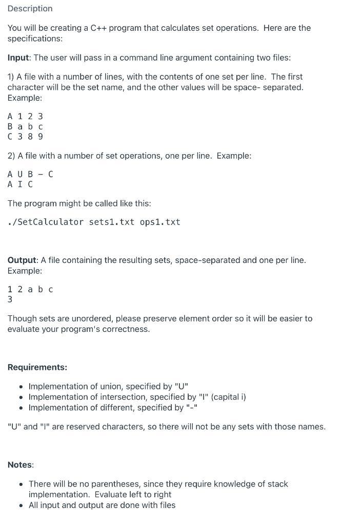Solved Description You will be creating a C++ program that | Chegg.com