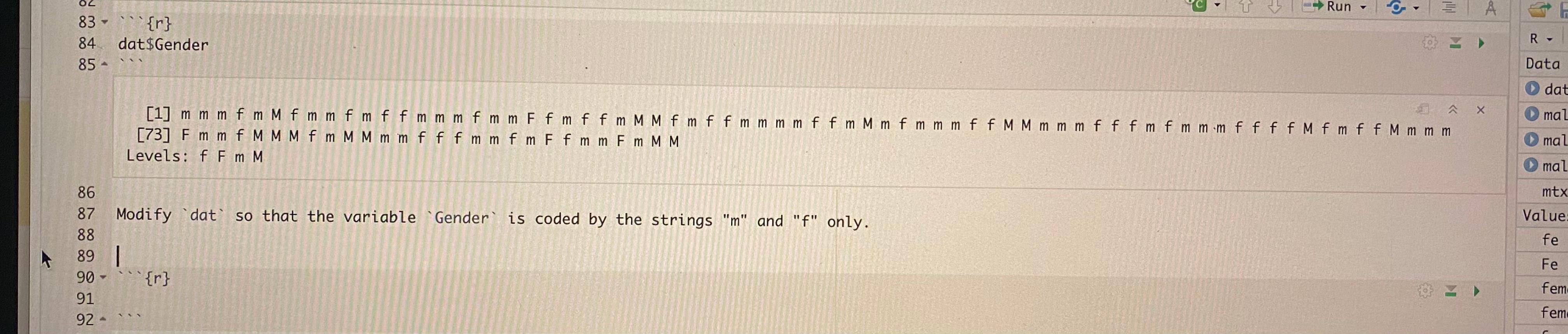 O Run 를 E A 83 -{r} 84 dat$Gender 85 - R- Data dat | Chegg.com
