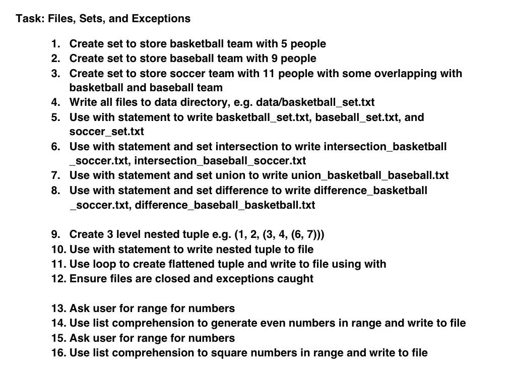 Solved ask: Files, Sets, and Exceptions 1. Create set to | Chegg.com