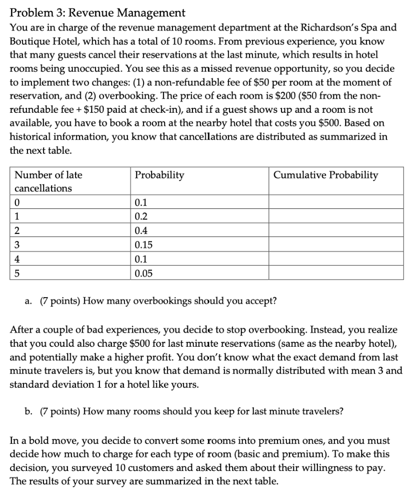 Solved Problem 3: Revenue Management You are in charge of | Chegg.com