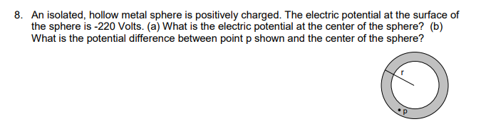 Solved 8. An isolated, hollow metal sphere is positively | Chegg.com
