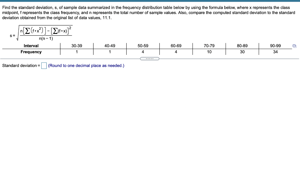 Solved Find the standard deviation, s, of sample data | Chegg.com