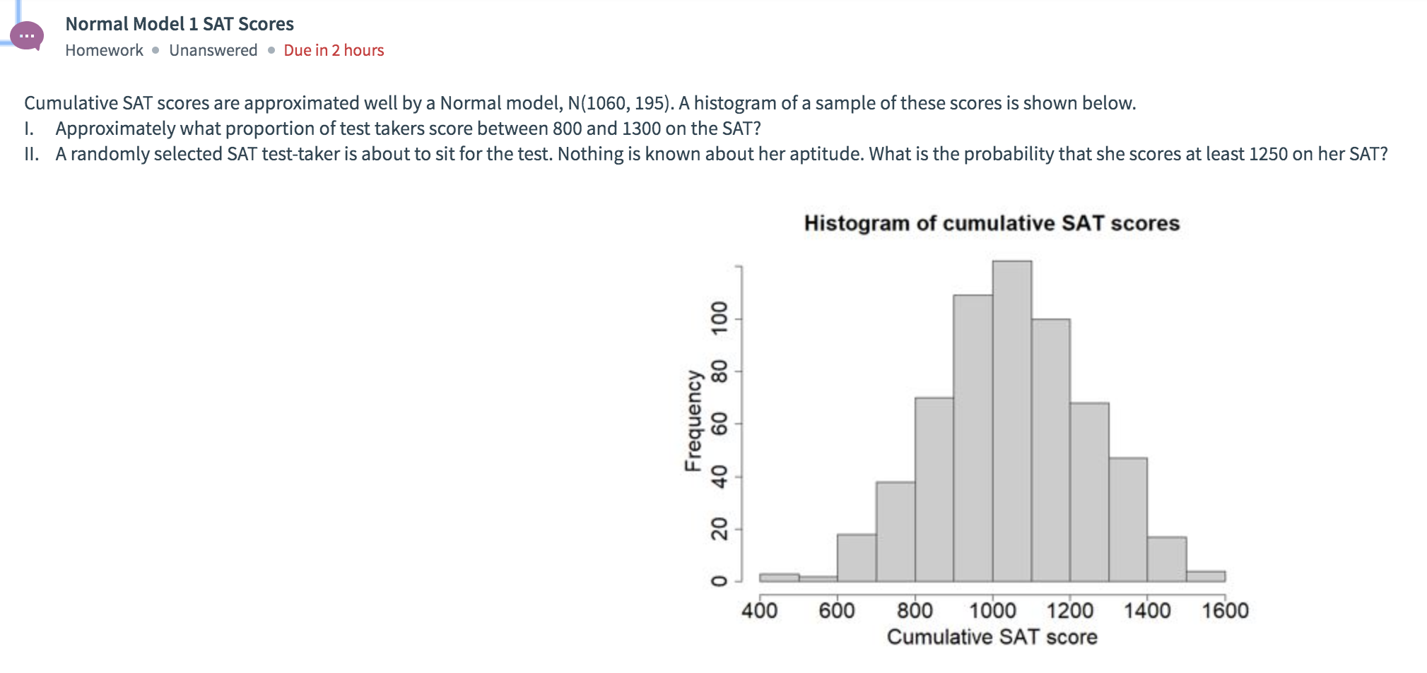 Solved Normal Model 1 SAT Scores Homework • Unanswered . Due | Chegg.com