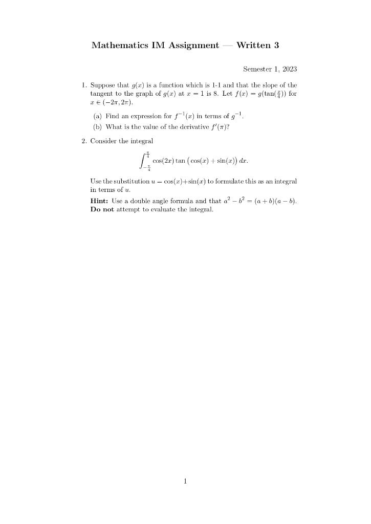 Mathematics IM Assignment - Written 3 Semester 1, | Chegg.com