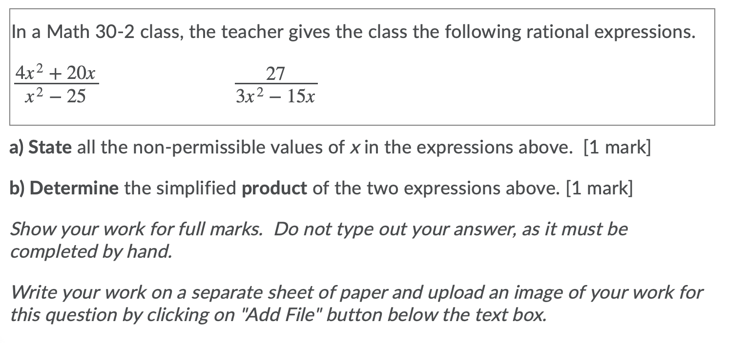Solved In a Math 30-2 class, the teacher gives the class the | Chegg.com
