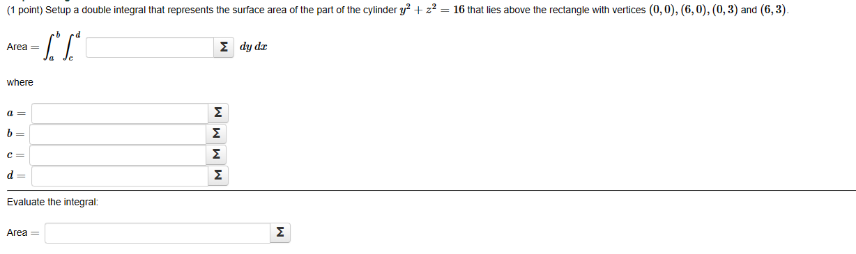 Solved ( 1 point) Setup a double integral that represents | Chegg.com