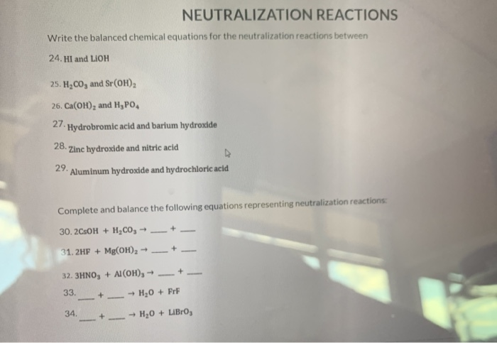 Solved NEUTRALIZATION REACTIONS Write the balanced chemical | Chegg.com