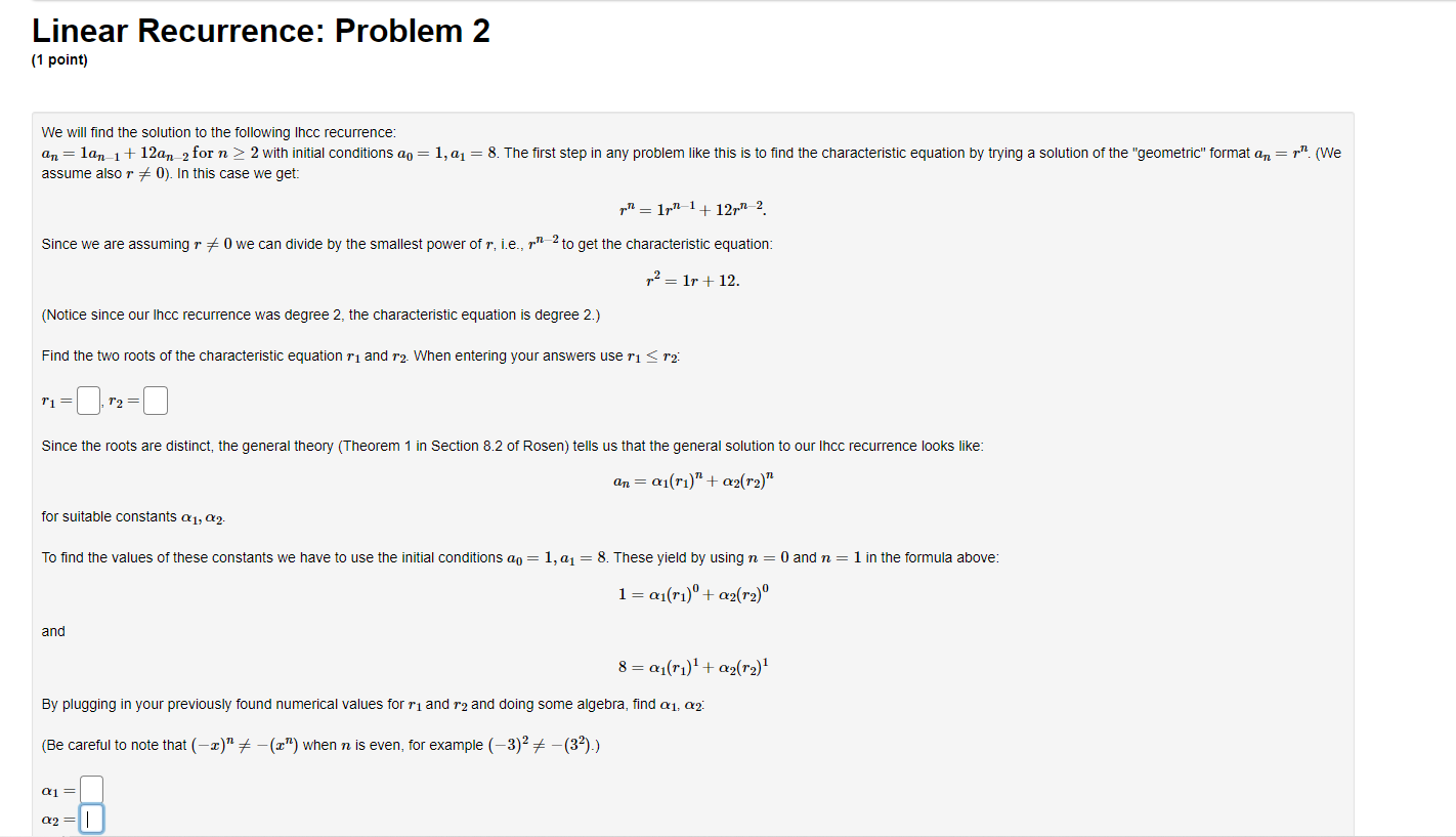 Solved Linear Recurrence: Problem 2 (1 point) We will find | Chegg.com