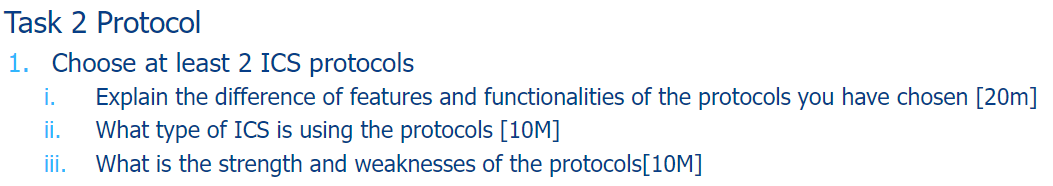 Solved Task 2 Protocol 1. Choose at least 2 ICS protocols i. | Chegg.com