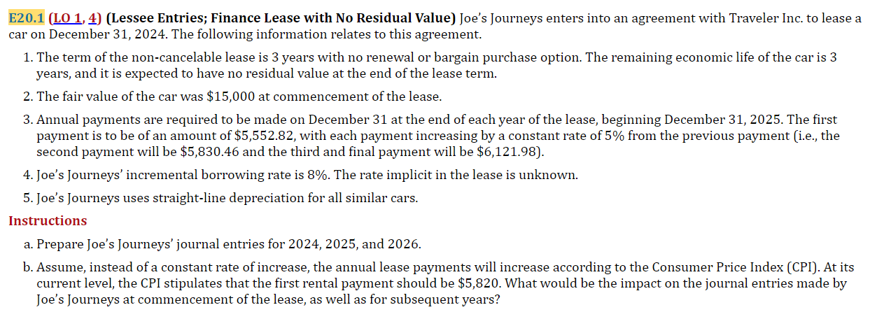 Solved E20.1 (LO 1,4) (Lessee Entries; Finance Lease with No | Chegg.com