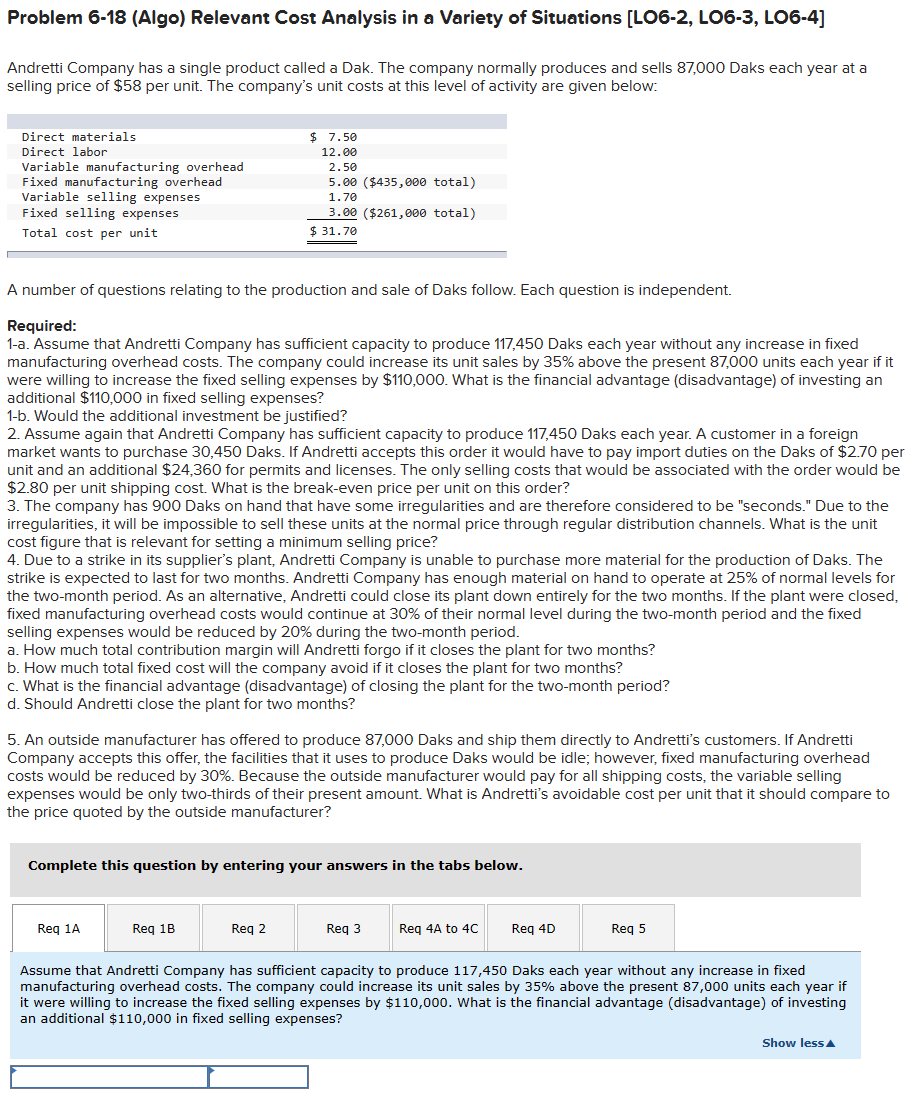 Solved Problem 6-18 (Algo) Relevant Cost Analysis in a | Chegg.com