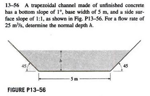 Solved 13-56 A trapezoidal channel made of unfinished | Chegg.com