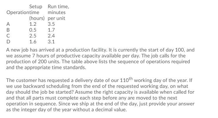 Solved Setup Run time, Operationtime minutes (hours) per | Chegg.com
