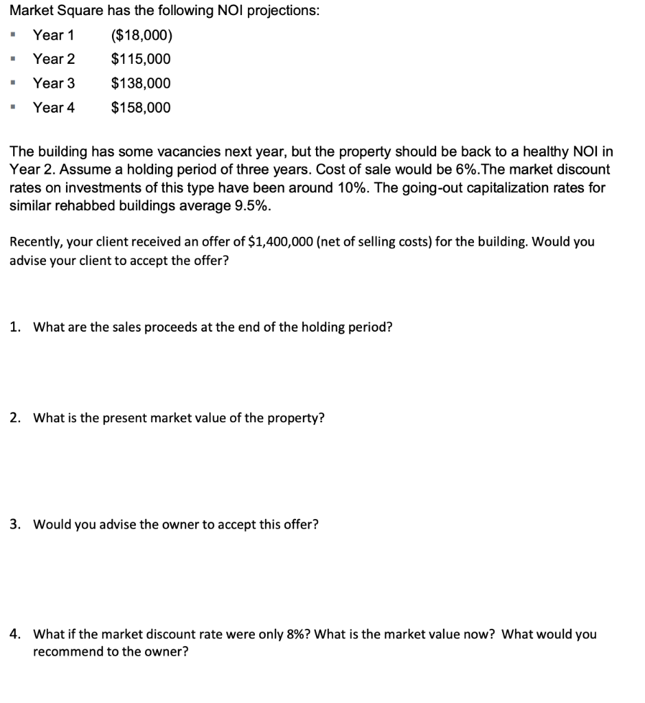 Solved Market Square has the following NOI projections: Year | Chegg.com