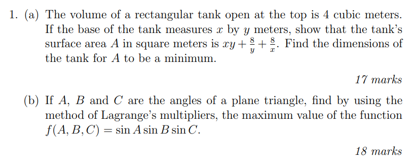 Solved 1. (a) The volume of a rectangular tank open at the | Chegg.com