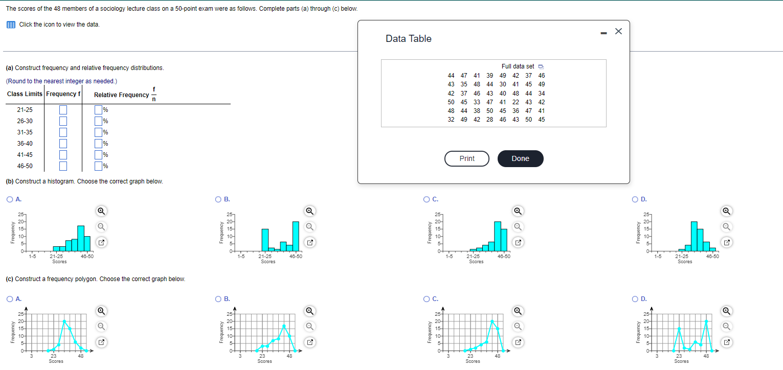 Solved The scores of the 48 ﻿members of a sociology lecture | Chegg.com