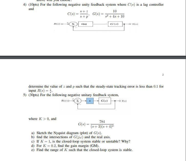 Solved 1) (15pts) For the following unity negative feedback | Chegg.com