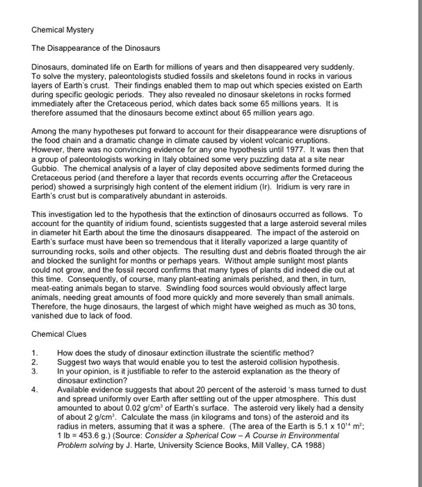 Chemical Mystery The Disappearance of the Dinosaurs | Chegg.com