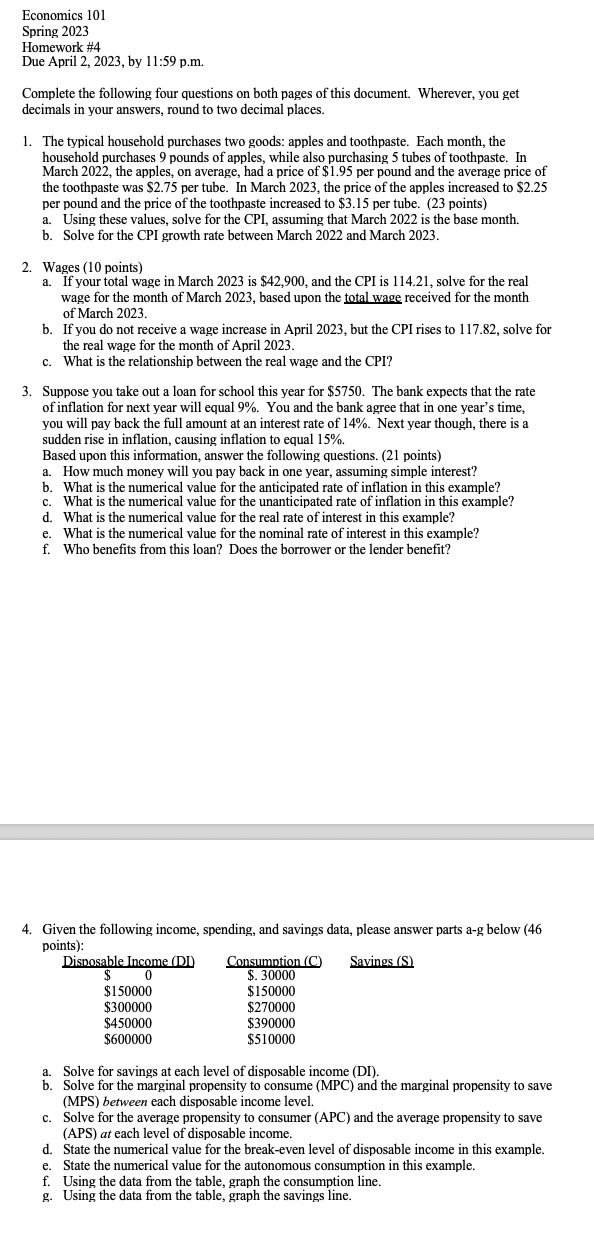 Solved Economics 101 Spring 2023 Homework \#4 Due April 2, | Chegg.com