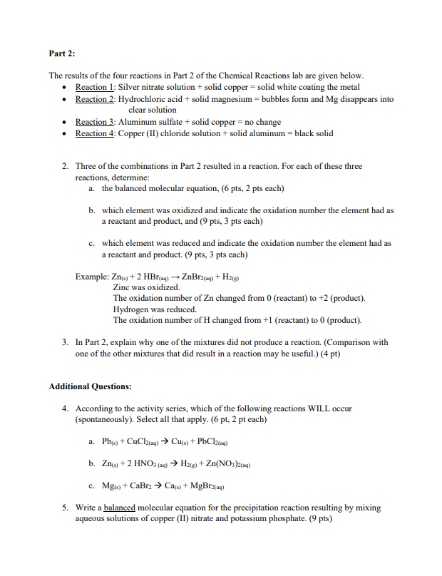 Solved Part 2: The results of the four reactions in Part 2 | Chegg.com