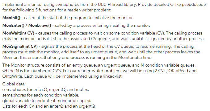 Implement a monitor using semaphores from the UBC | Chegg.com
